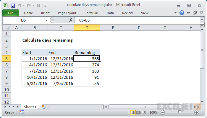 Calculate Days Remaining Excel Formula Exceljet